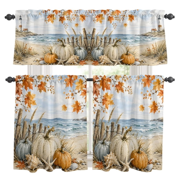 Coastal Fall Kitchen Curtains and Valances Set, Coastal Blue Pumpkin ...