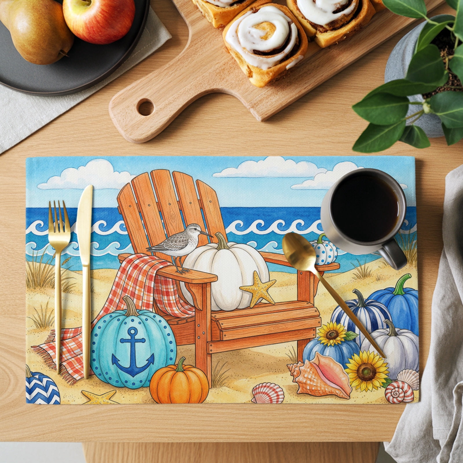 Coastal Fall Placemats Set of 2, Beach Holiday Pumpkin Beach Sea Shells ...