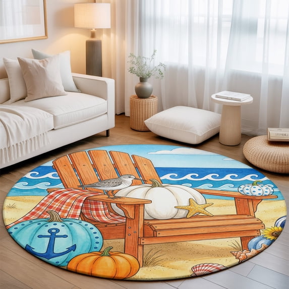 Coastal Fall Round Living Room Rugs 7 ft, Beach Holiday Pumpkin Beach ...