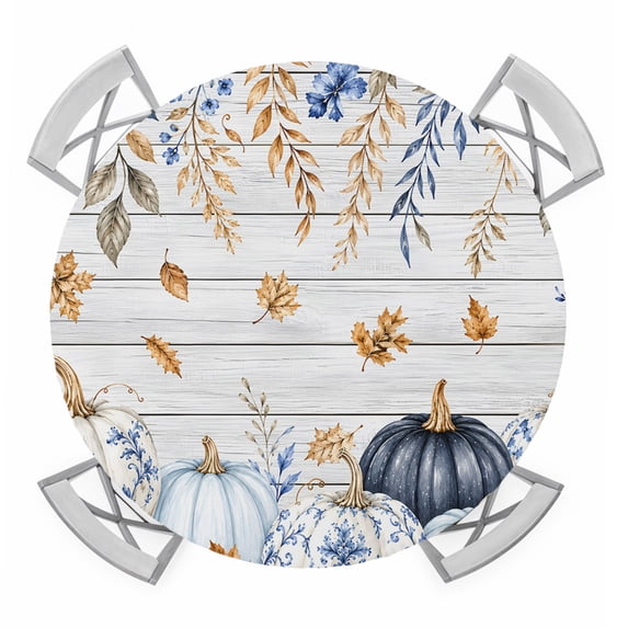 Coastal Fall Round Table Cover, Blue Patterned Pumpkins Fall Maple Leaf ...