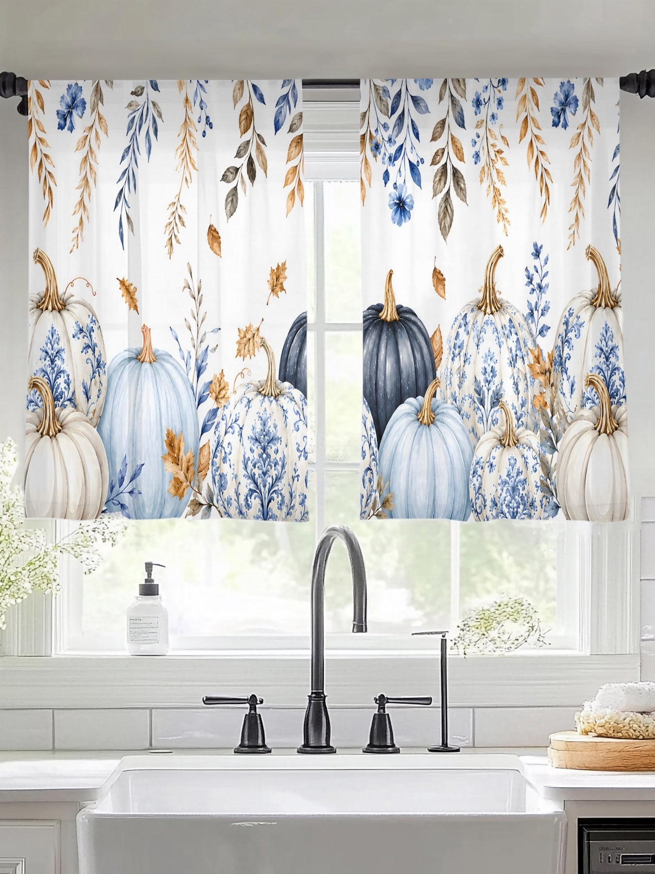 Coastal Fall Sheer Curtains 54 inches Long, Blue Patterned Pumpkins ...