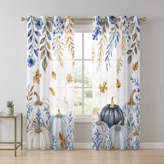 Coastal Fall Sheer Curtains 84 Inch Long 2 Panels, Blue Patterned ...
