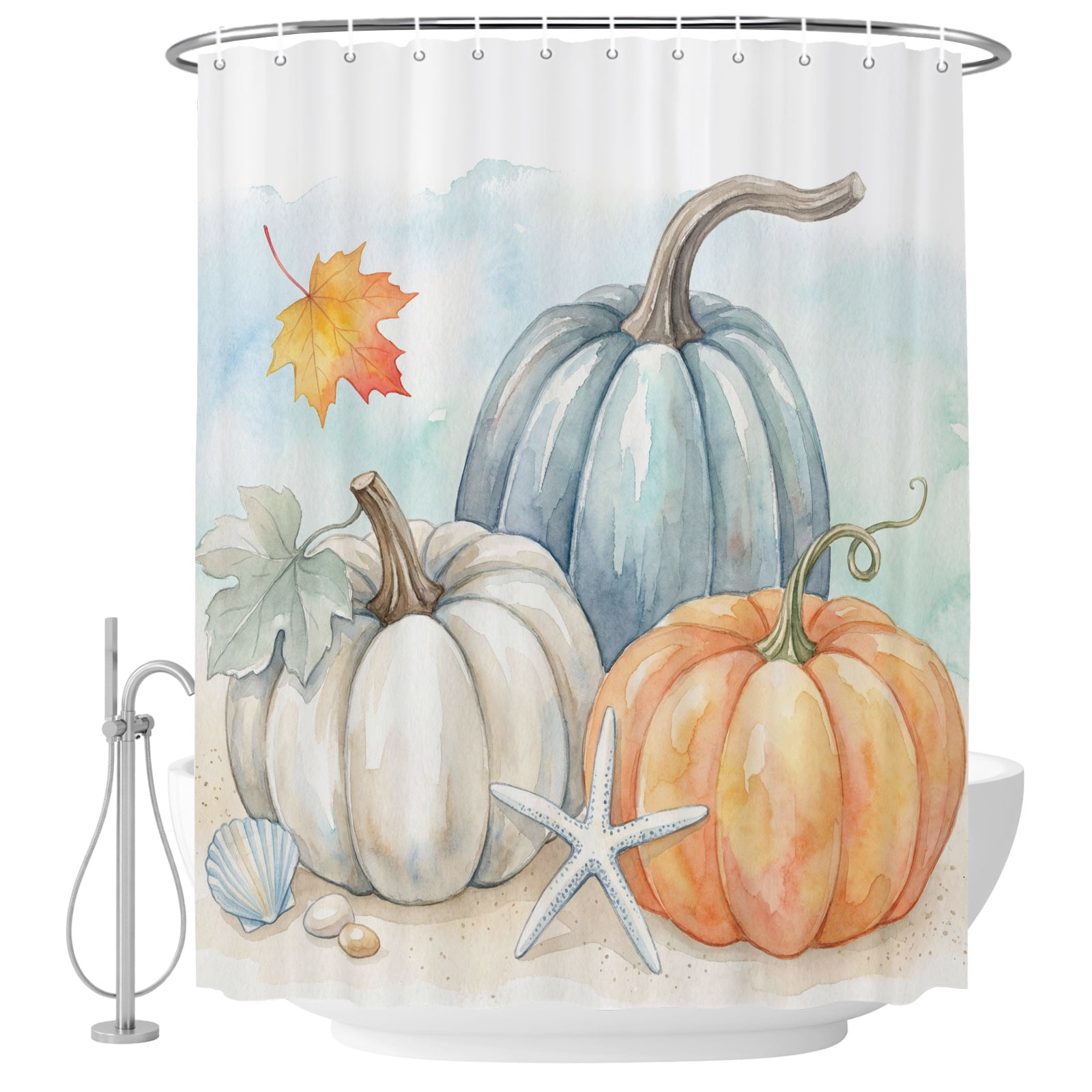 Coastal Fall Shower Curtain for Bathroom, Orange Cream Blue Pumpkin ...