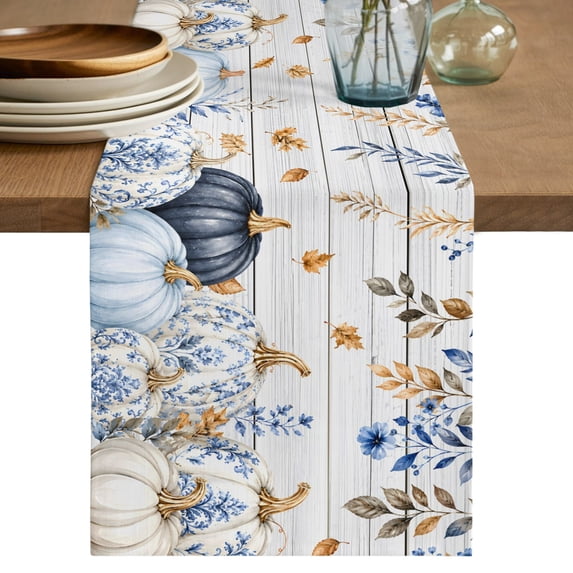 Coastal Fall Table Runner, Blue Patterned Pumpkins Fall Maple Leaf Grey ...