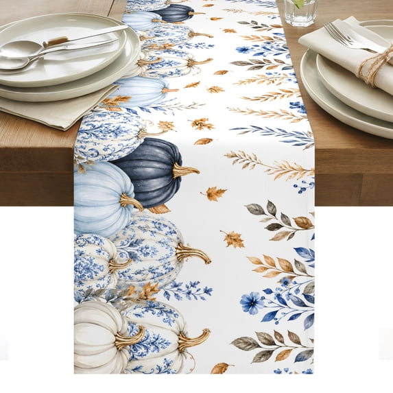 Coastal Fall Table Runner, Blue Patterned Pumpkins Fall Maple Leaf ...