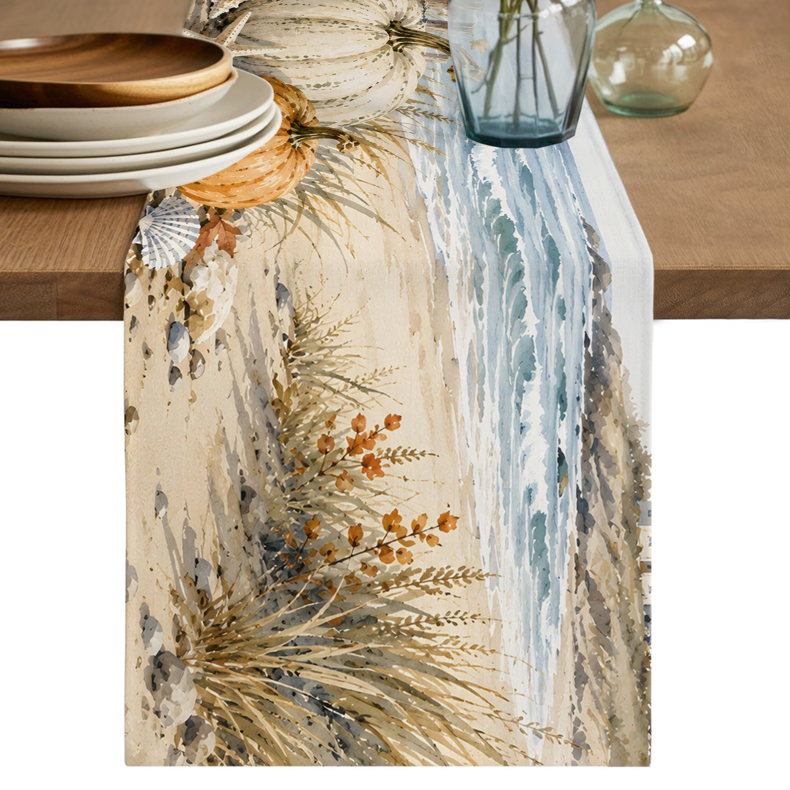 Coastal Fall Table Runner, Coastal Blue Pumpkin Starfish Seashell Maple ...