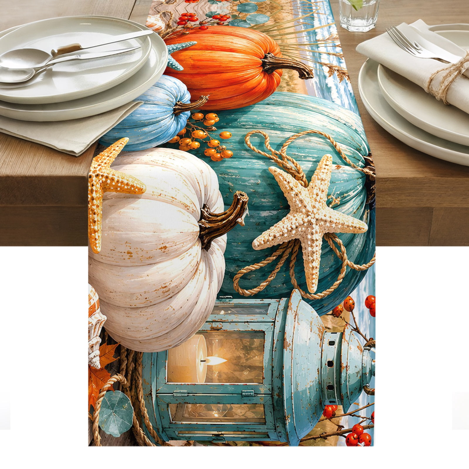 Coastal Fall Table Runner, Vintage Summer Coastal Pumpkin Starfish ...