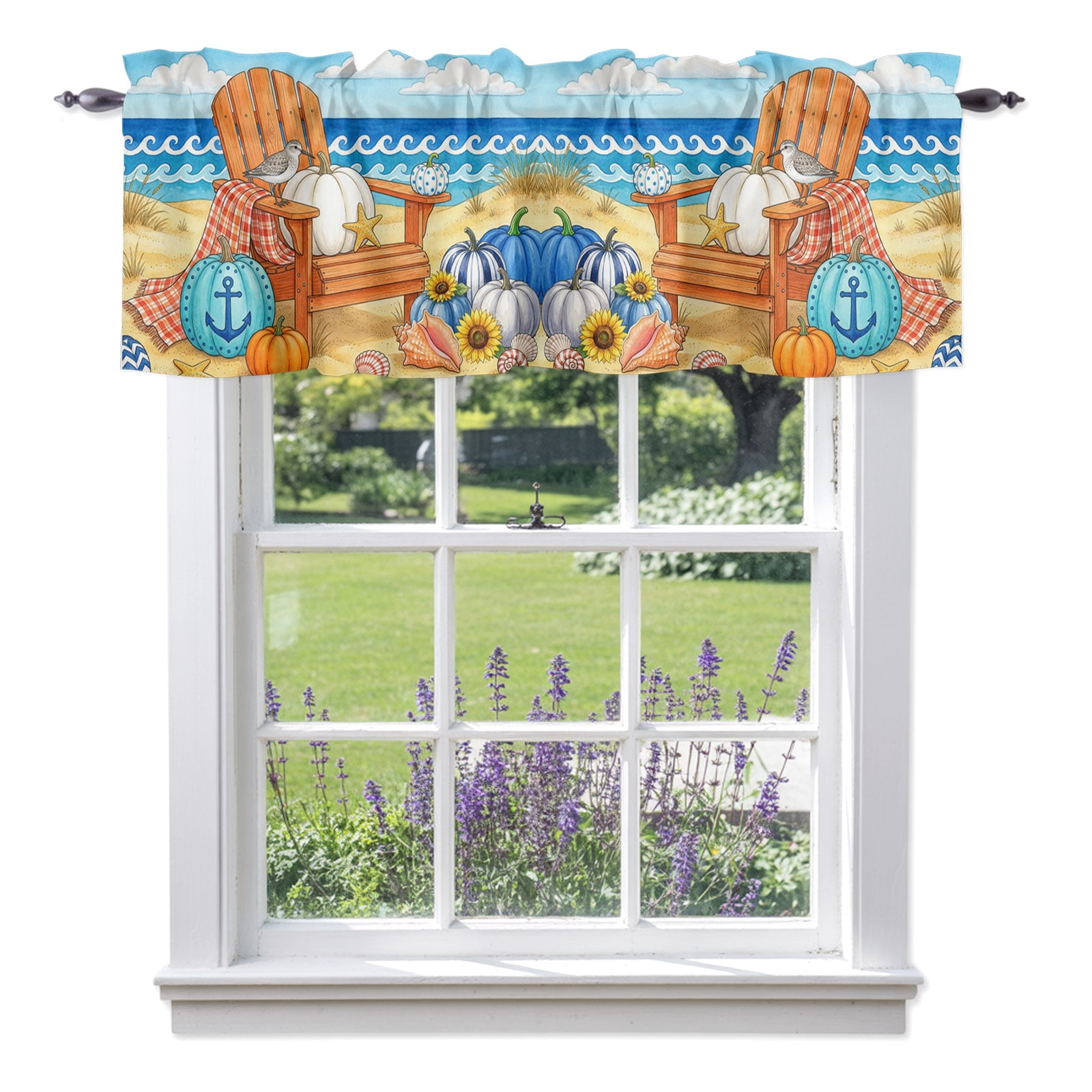 Coastal Fall Valances for Windows, Beach Holiday Pumpkin Beach Sea ...