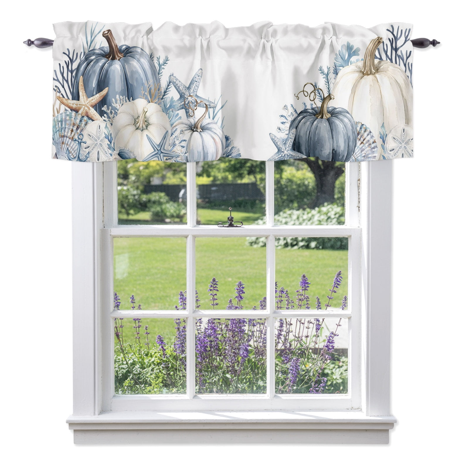 Coastal Fall Valances for Windows Summer Blue Pumpkin Starfish Coral ...