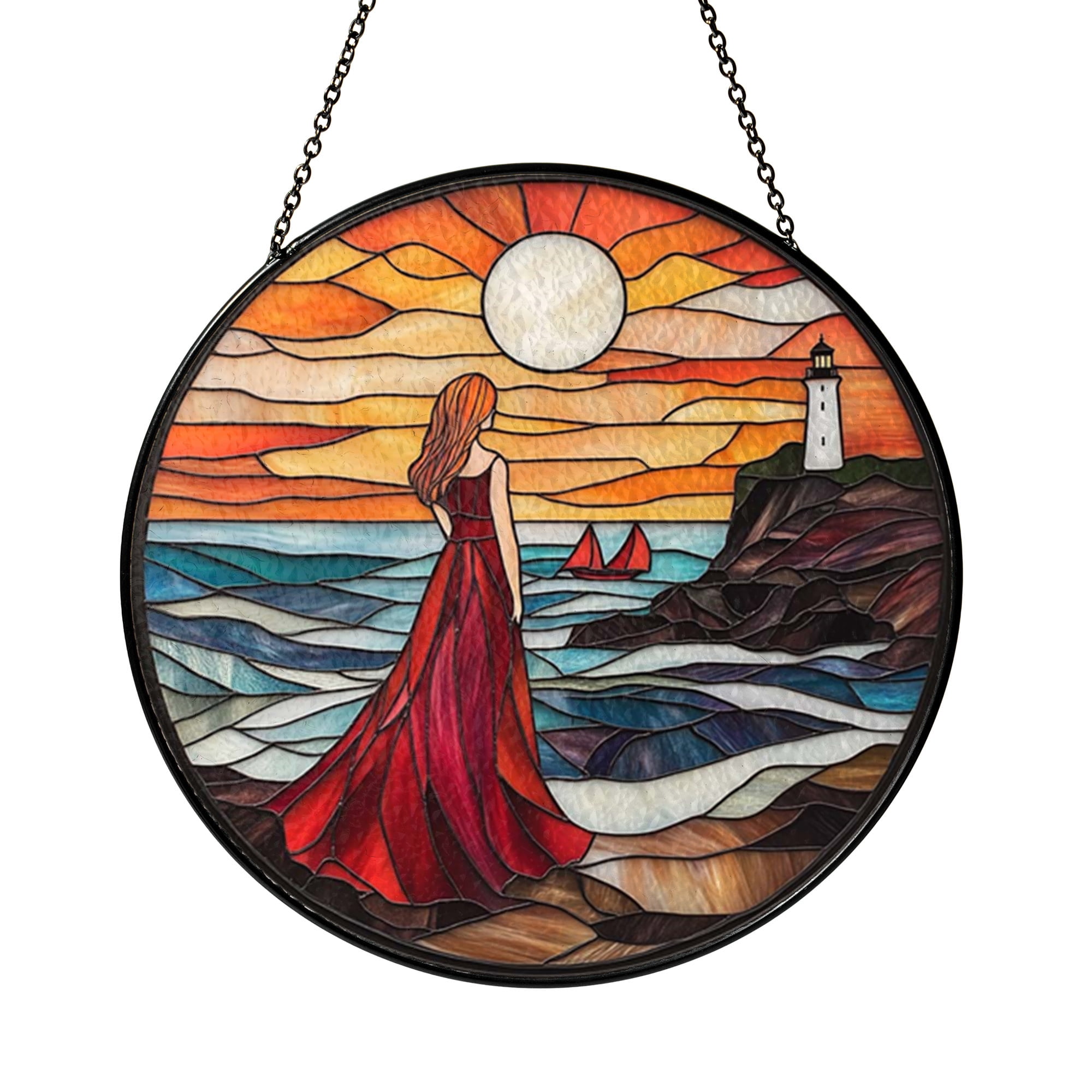 Coastal Figure and Sailboat Stained Glass Style Suncatcher – Round ...
