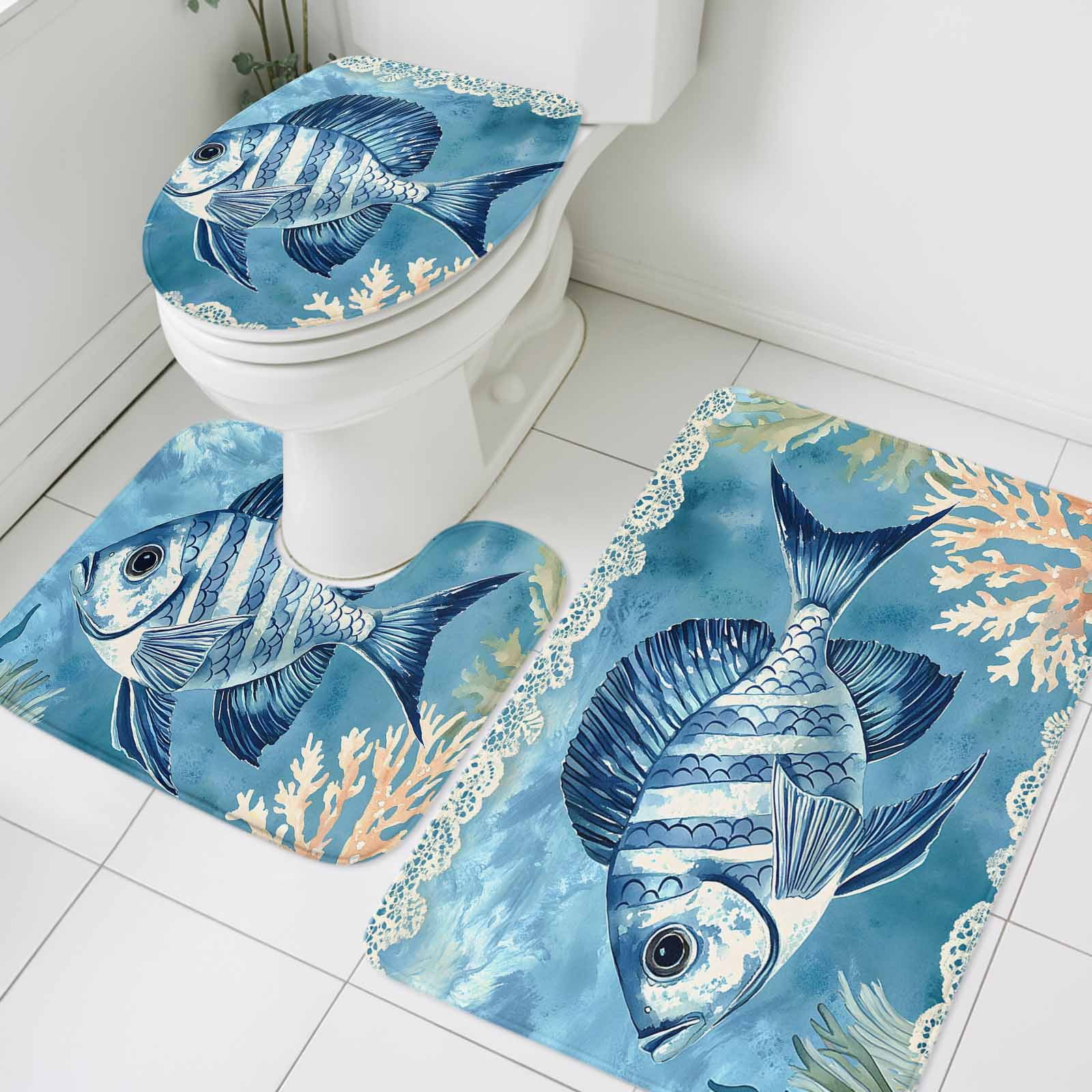 Coastal Fish Bathroom Rugs Set Summer Ocean Stripe Ombre Blue Fish ...