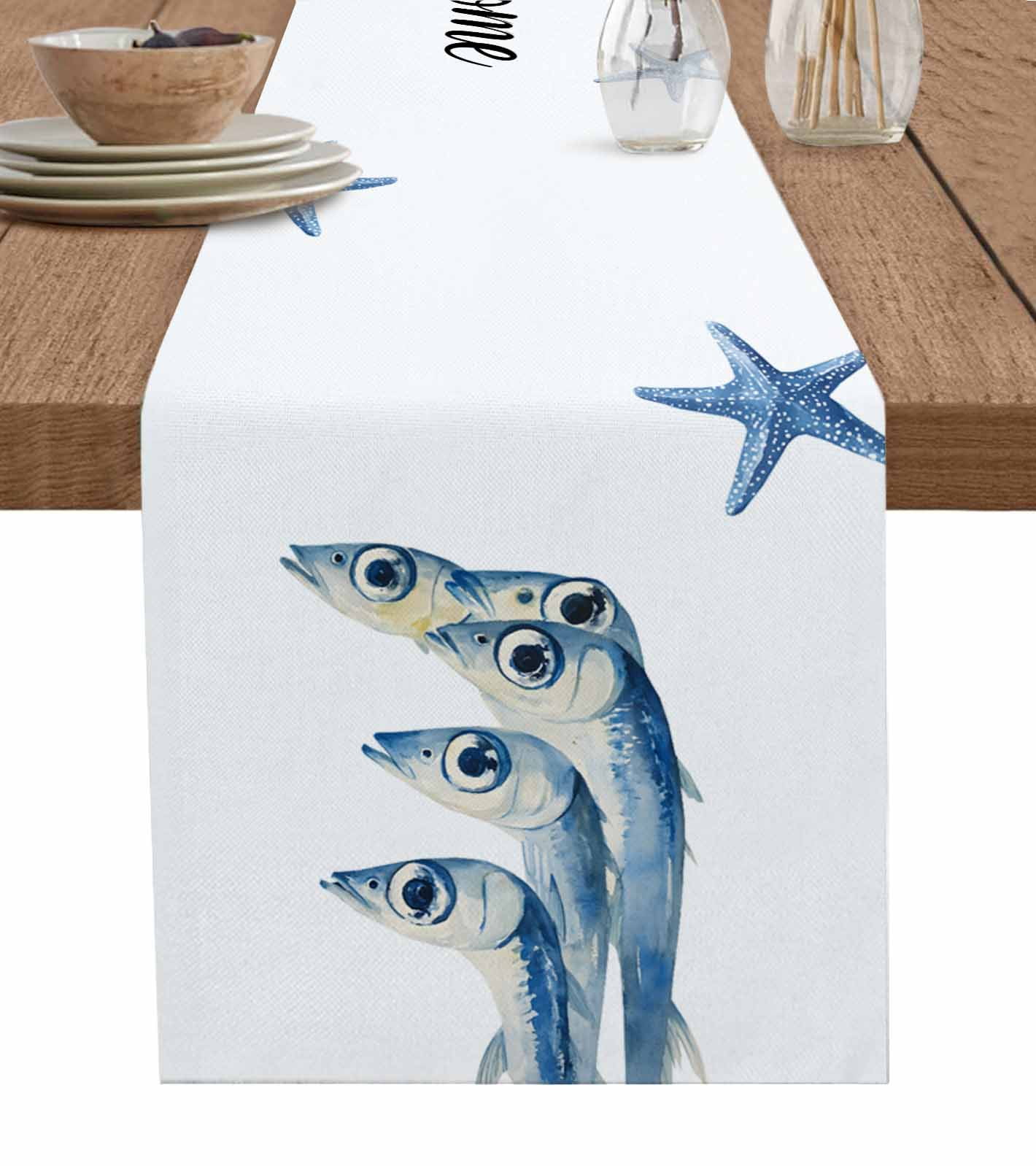 Coastal Fish Burlap Cotton Table Runner 13x48 Inches Long, Watercolor ...