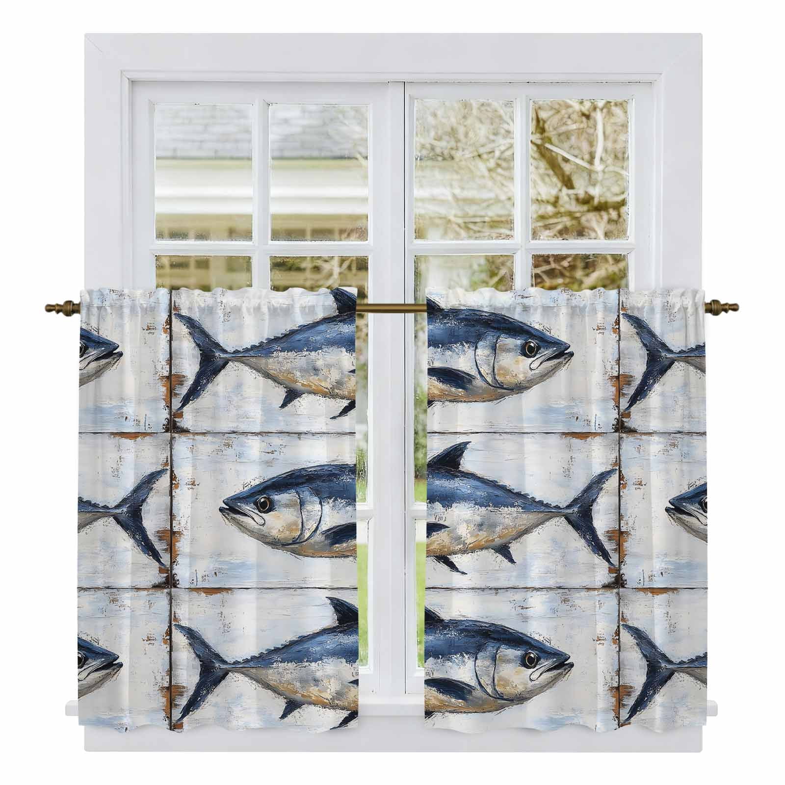 Coastal Fish Kitchen Curtains, Oil Painting Ocean Nautical Beach Light ...