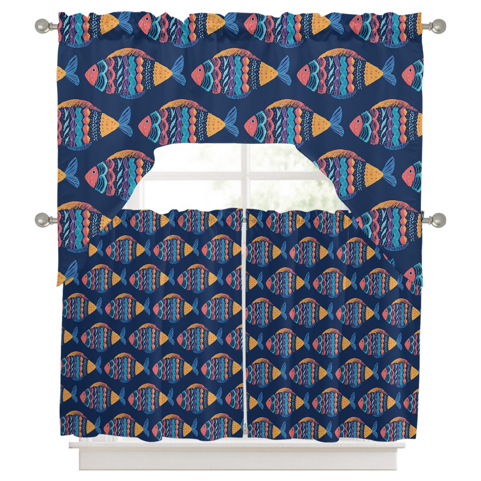 Coastal Fish Kitchen Curtains Swag Valance and Tier Curtains Set 36 ...