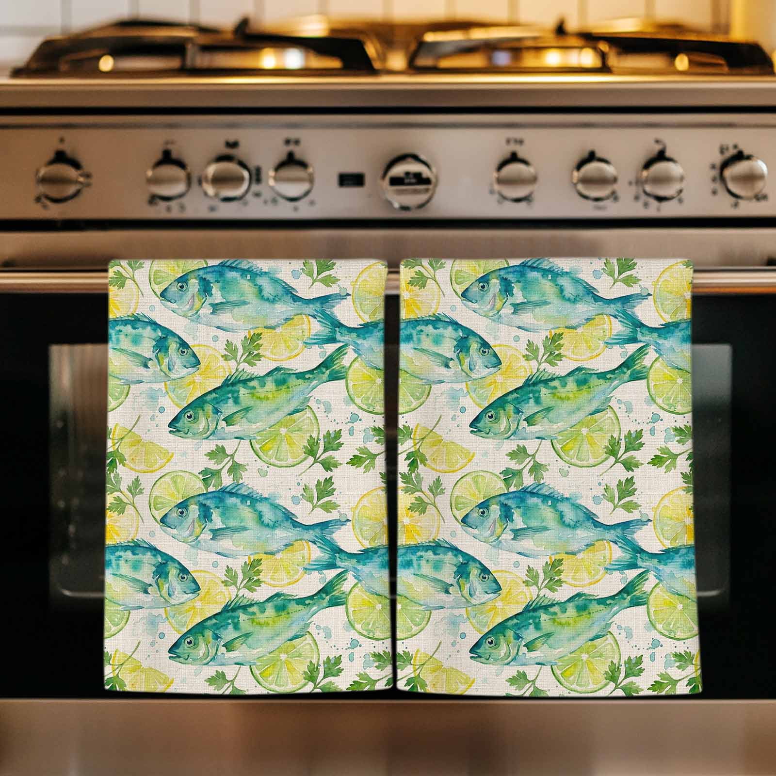 Coastal Fish Kitchen Towels Set of 4, Summer Watercolor Ocean Animals ...