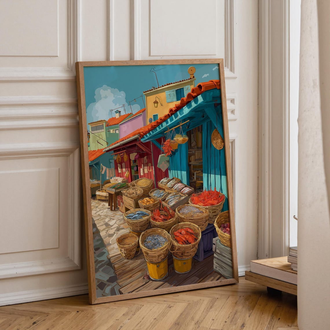 Coastal Fish Market Wall Art Mediterranean Harbour Seafood Market ...