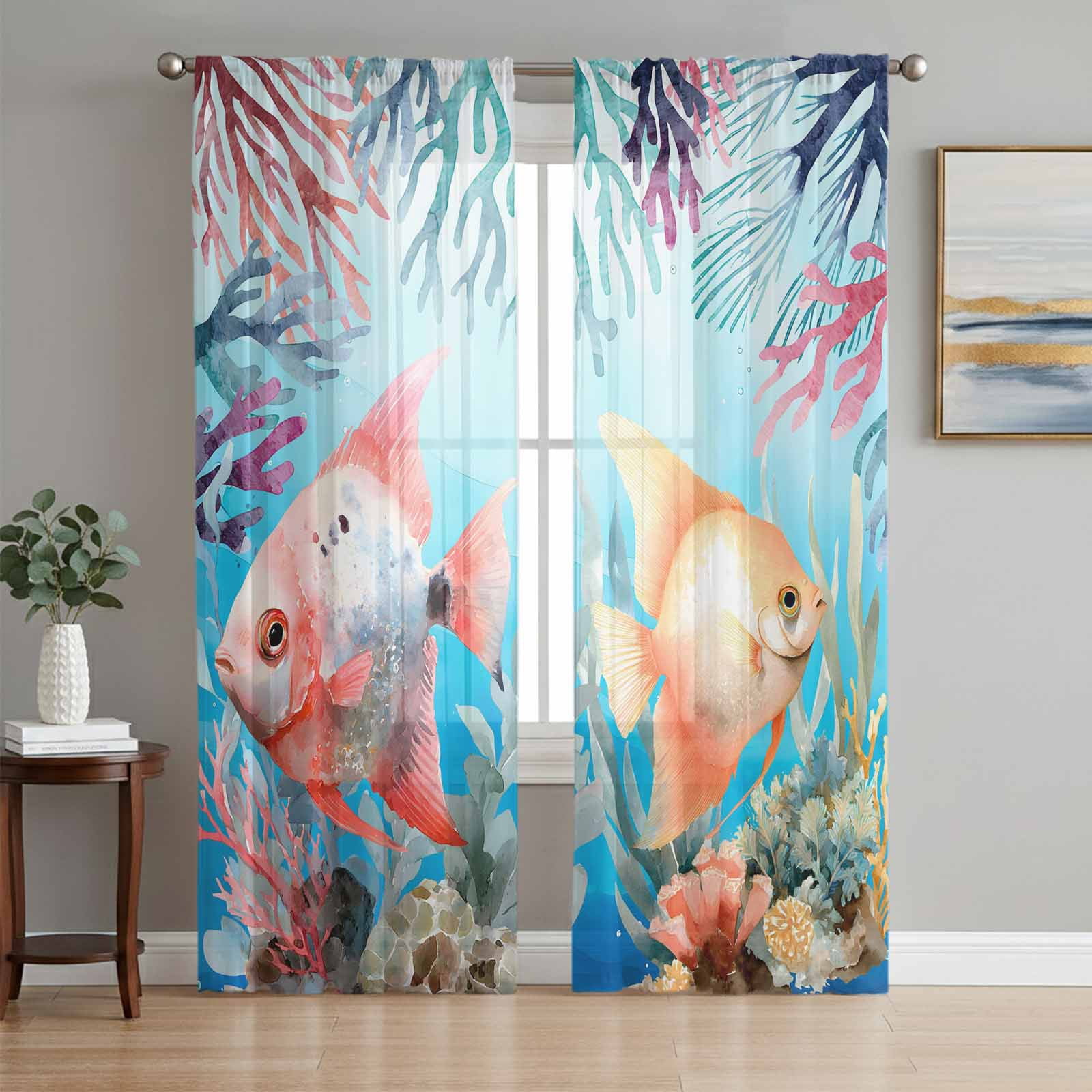 Coastal Fish Sheer Curtains 63 Inch Length 2 Panels Set, Blue Ocean ...