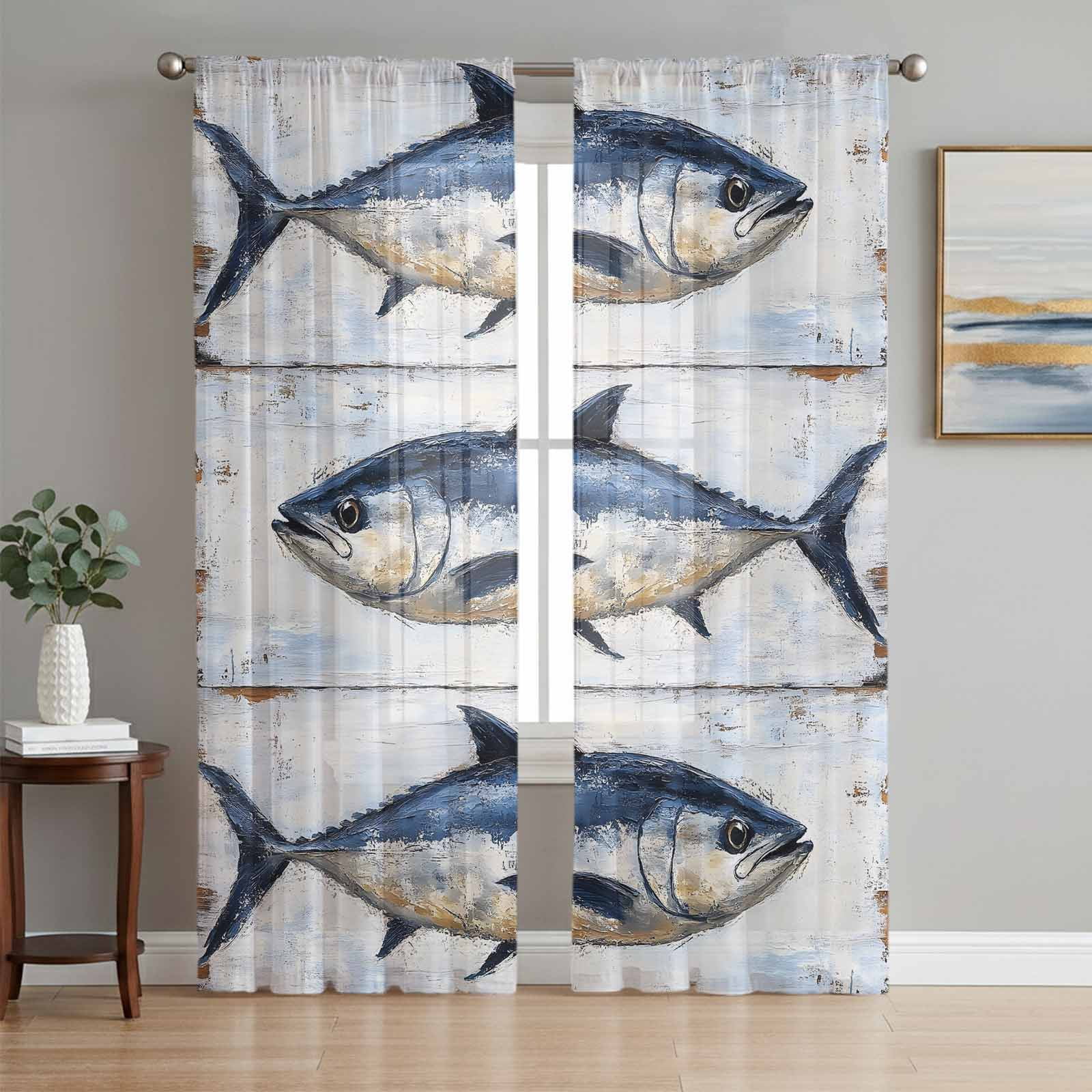 Coastal Fish Sheer Curtains 72 Inch Length 2 Panels Set, Oil Painting ...