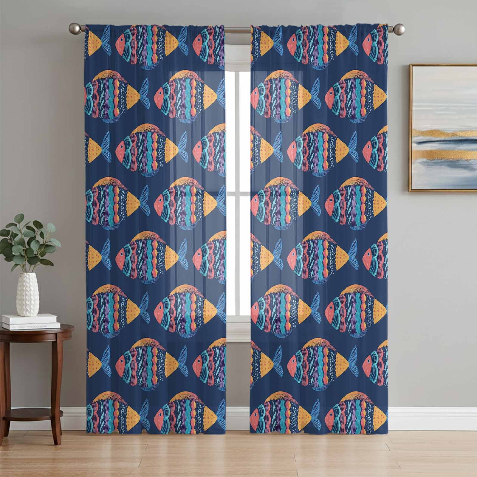 Coastal Fish Sheer Curtains 96 Inch Length 2 Panels Set, Summer Vintage ...