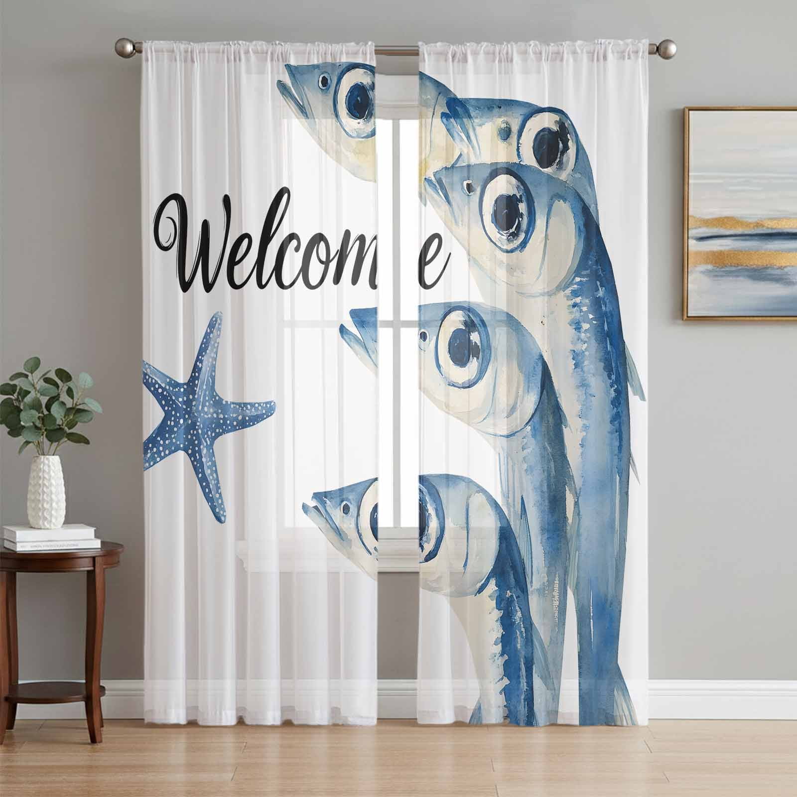 Coastal Fish Sheer Curtains 96 Inch Length 2 Panels Set, Watercolor ...