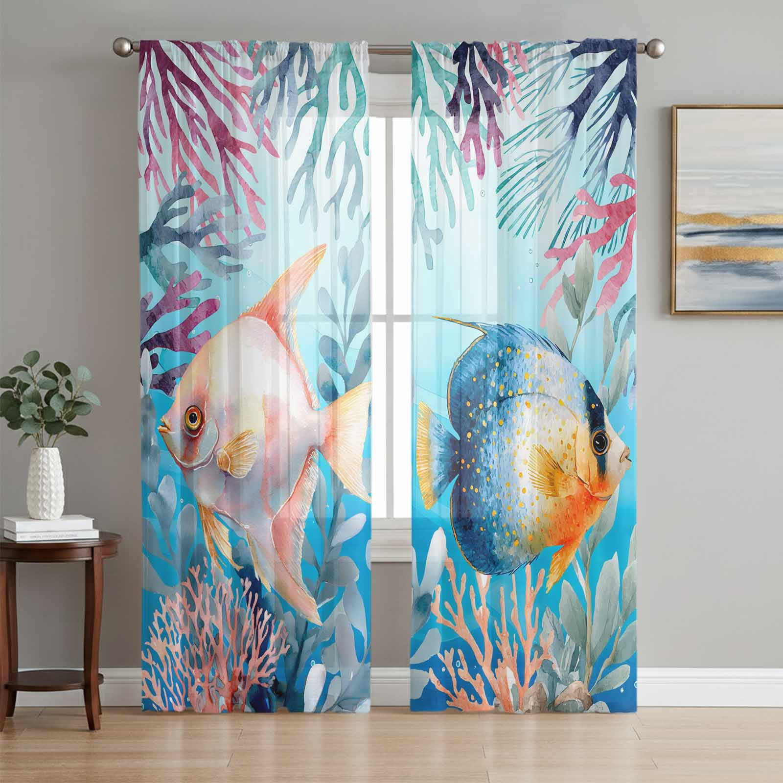 Coastal Fish Sheer Curtains for Living Room Bedroom Blue Ocean Tropical ...
