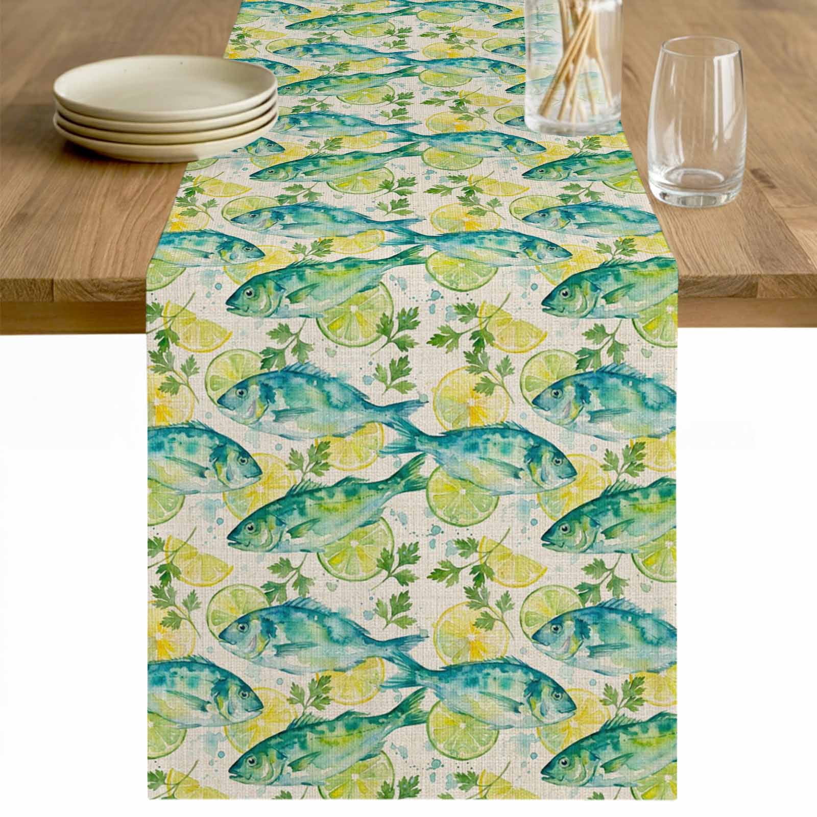 Coastal Fish Table Runner - 70 Inch Long Summer Watercolor Ocean ...