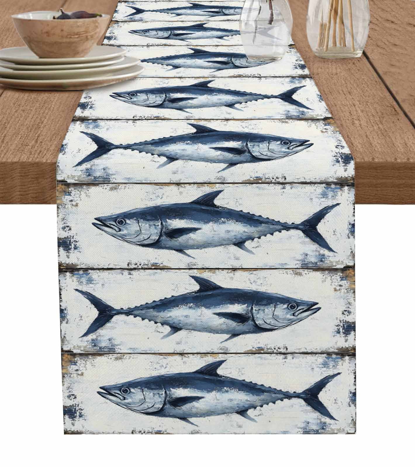 Coastal Fish Table Runner 72 Inches, Modern Oil Painting Ocean Nautical ...