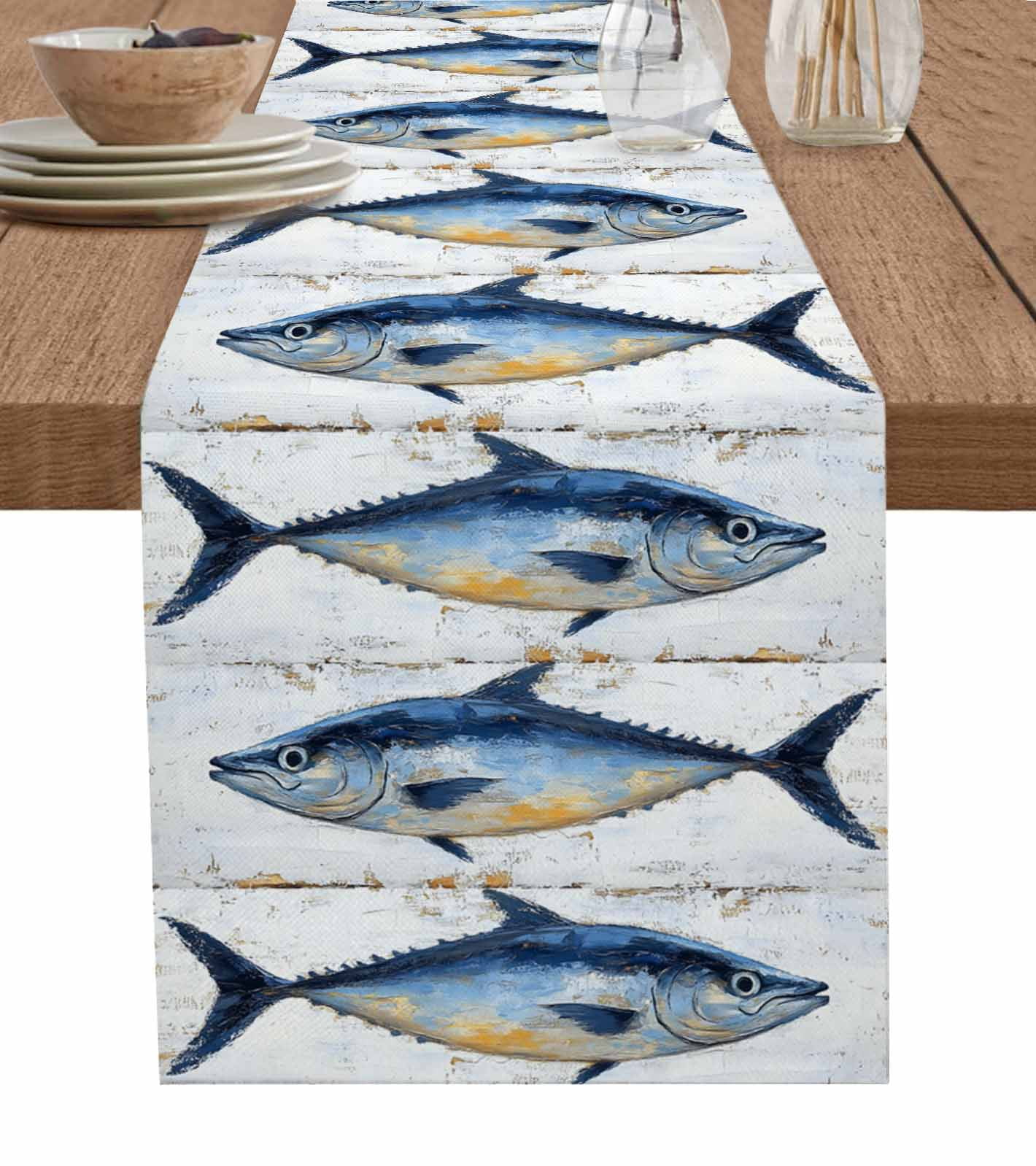 Coastal Fish Table Runner 72 Inches, Oil Painting Vintage Nautical ...