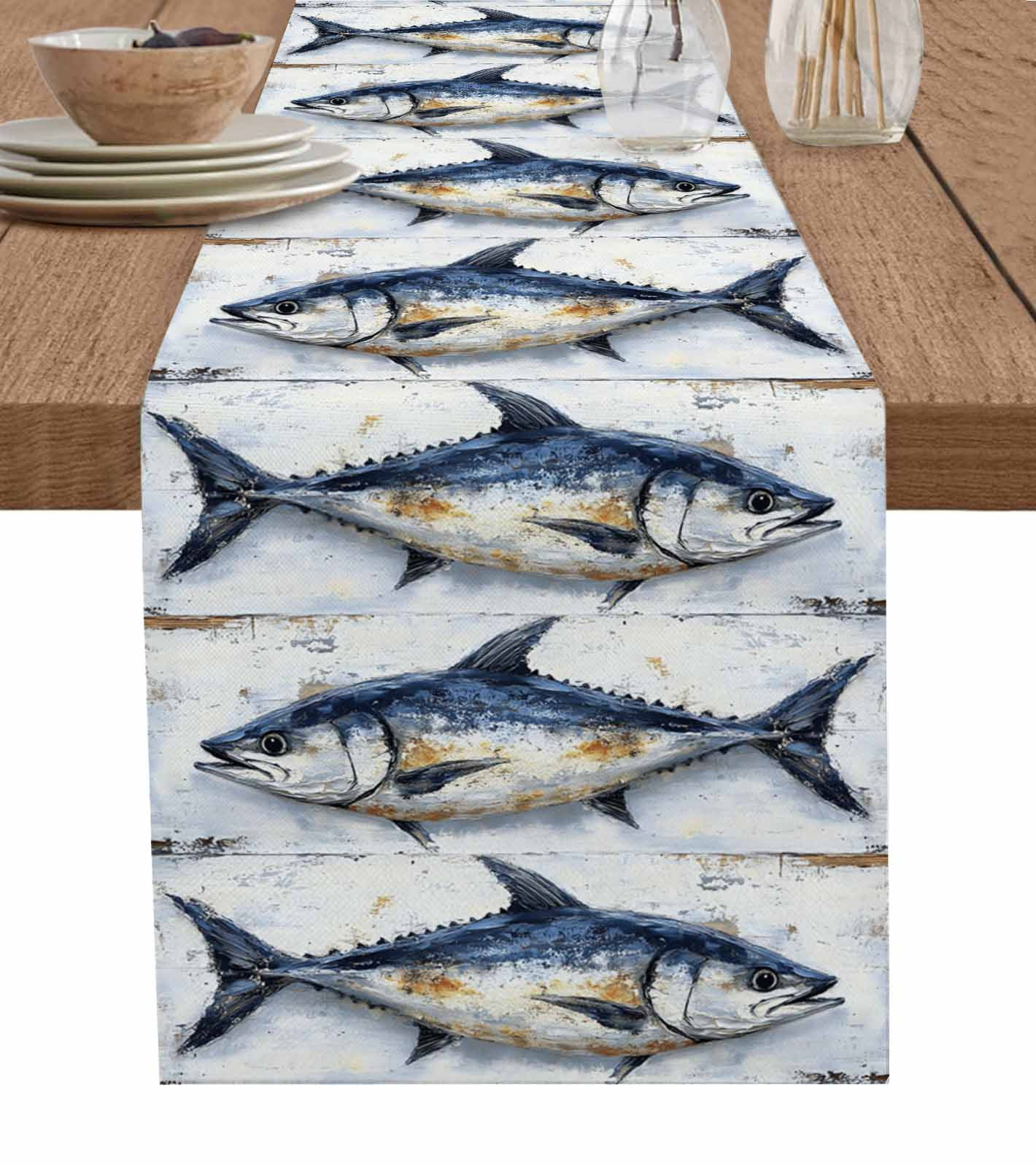 Coastal Fish Table Runner 90 Inches, Modern Oil Painting Vintage Ocean ...