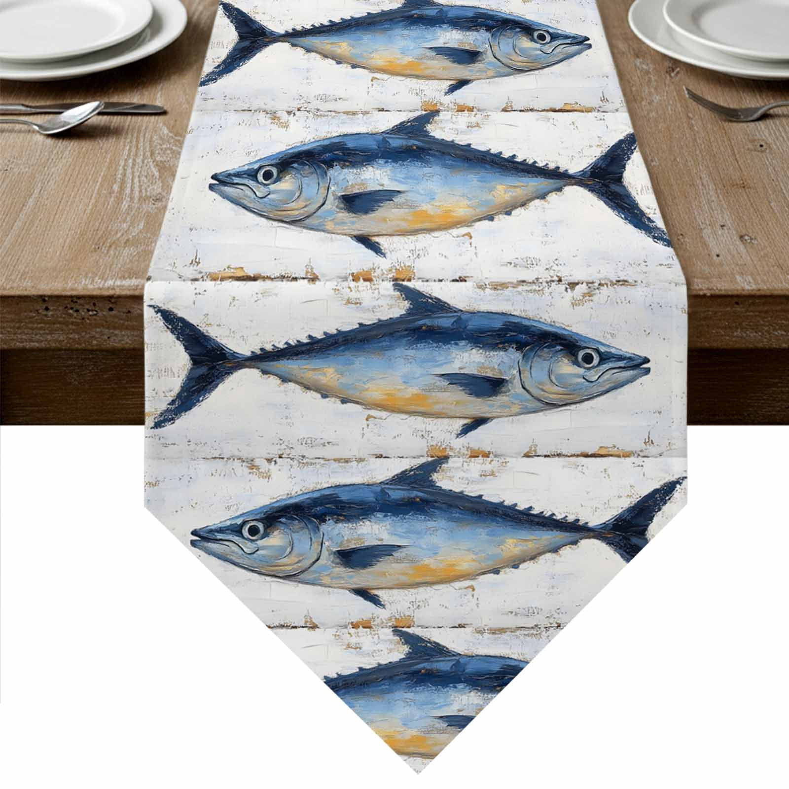 Coastal Fish Table Runner Linen Burlap Table Runner 120 Inches Long Oil ...