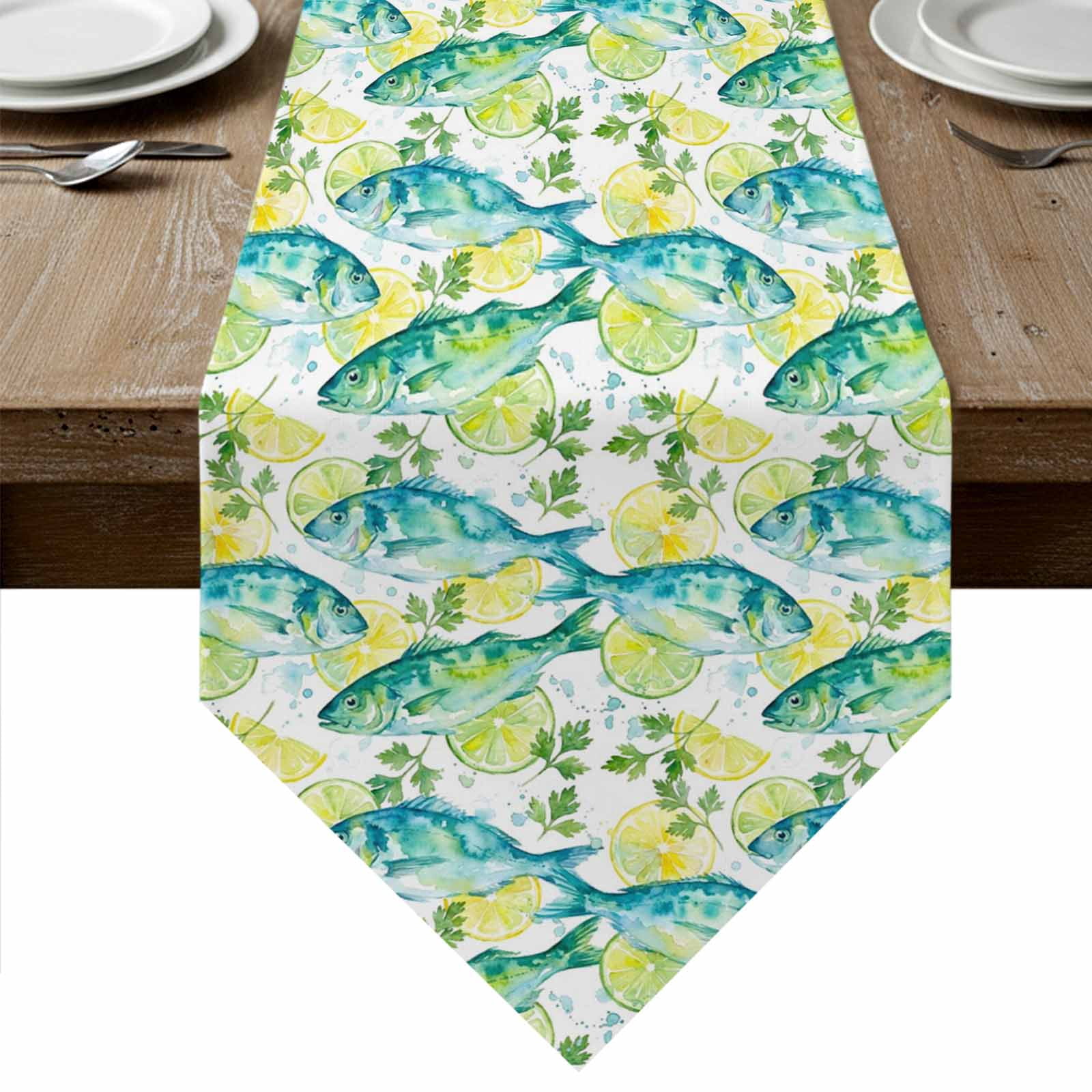 Coastal Fish Table Runner Linen Burlap Table Runner 90 Inches Long ...