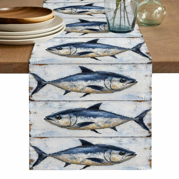 Coastal Fish Table Runner, Oil Painting Ocean Nautical Beach Washable ...