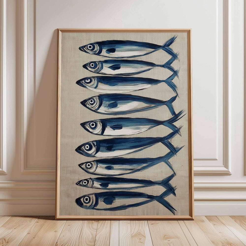 Coastal Fish Wall Art Print Nautical Blue Sardine Poster Ocean Kitchen ...