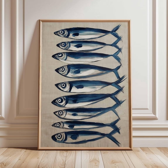 Coastal Fish Wall Art Print Nautical Blue Sardine Poster Ocean Kitchen ...
