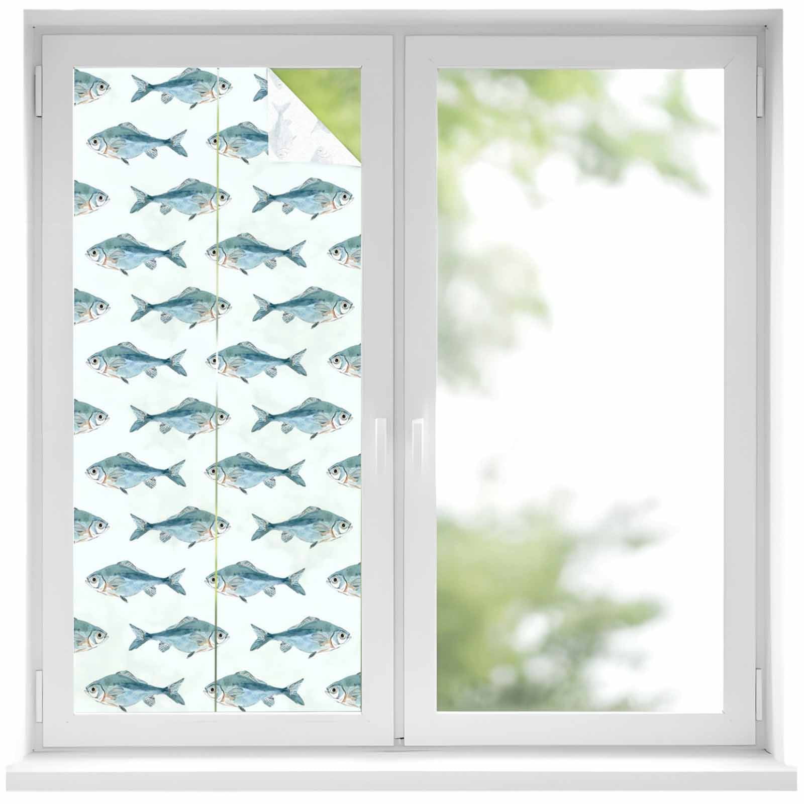 Coastal Fishes Window Privacy Film, Summer Watercolor Ocean Animals ...