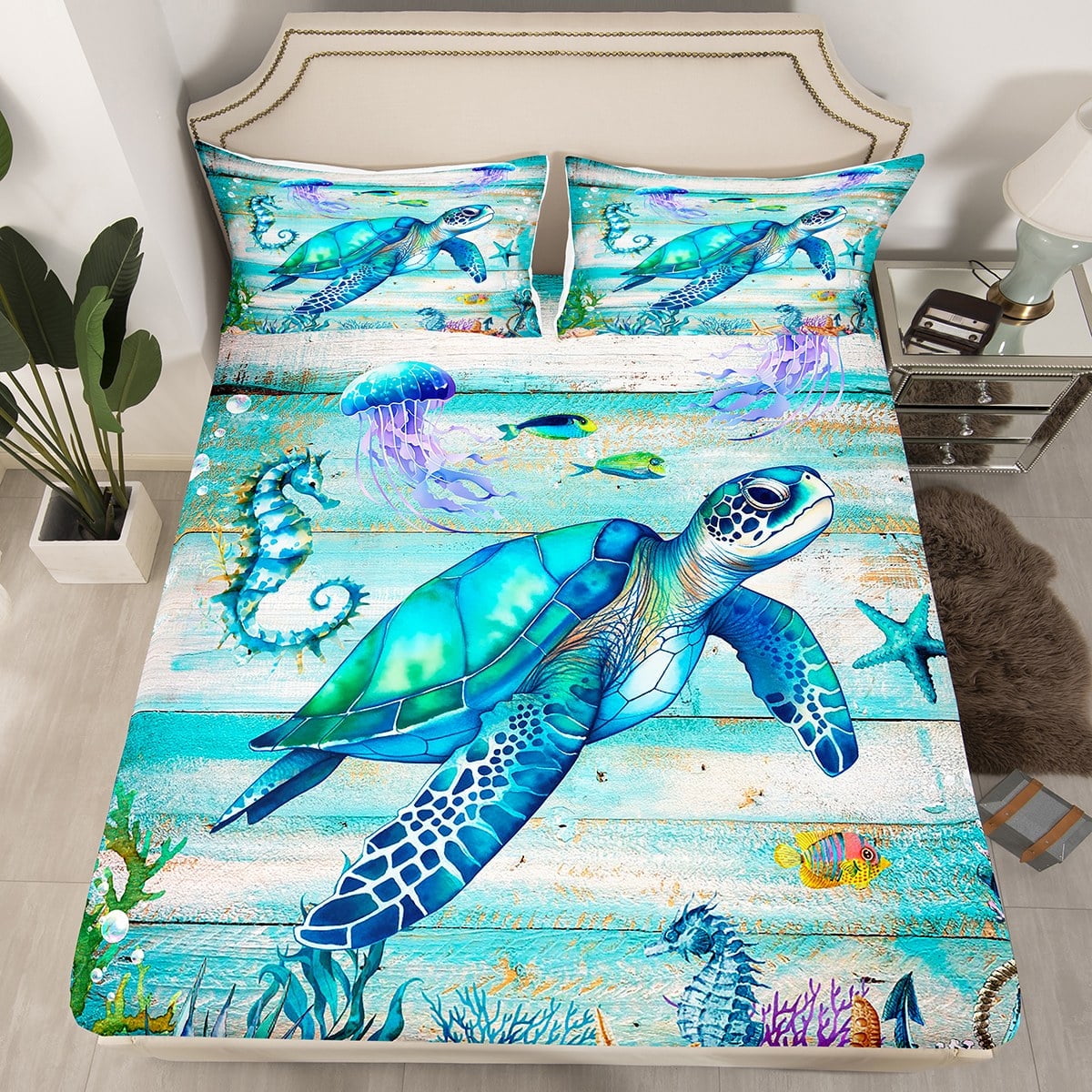 Coastal Fitted Sheet Twin,Summer Sea Turtle Jellyfish Bed Sheets ...