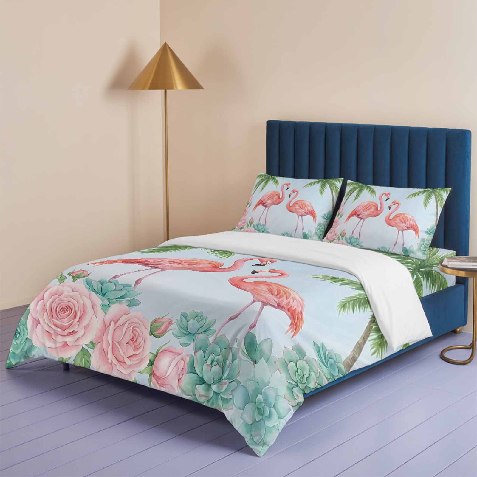 Coastal Flamingo Pink Rose Queen Size Bed Set,Light Blue Background ...