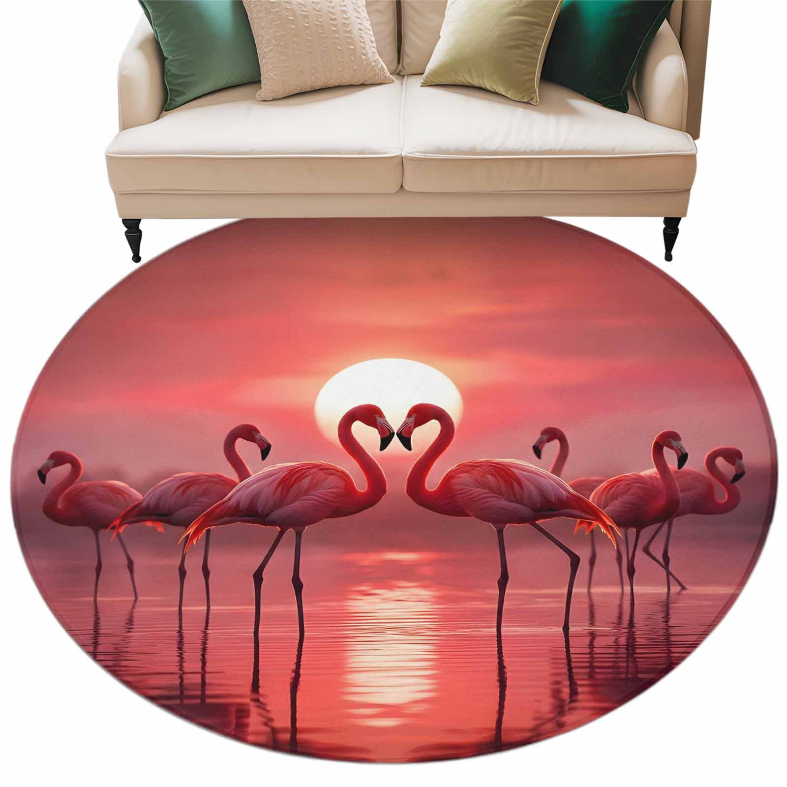 Coastal Flamingo Round Rug 8ft Washable Circle Rugs Non Slip Summer ...