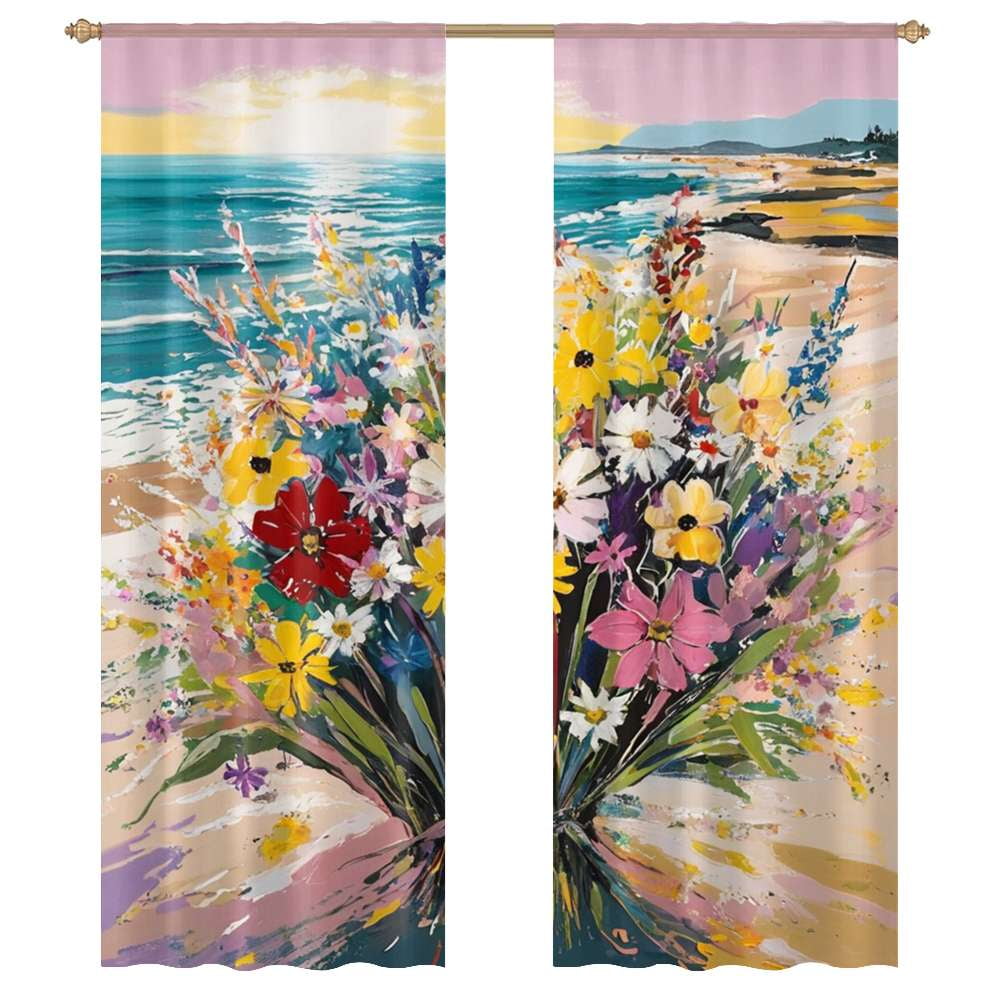 Coastal Floral Sunset Sheer Window Curtains for Living Room Kitchen ...