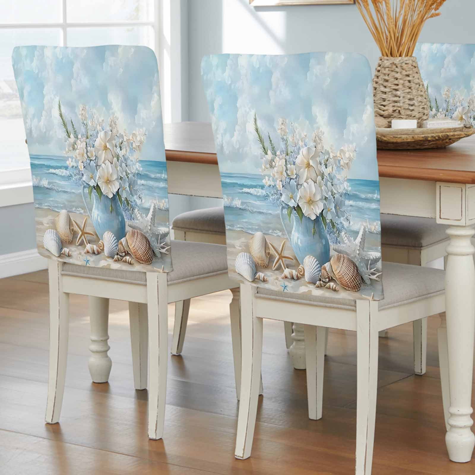 Coastal Flowers Chair Back Covers, Blue Ocean Starfish Shell Beach ...