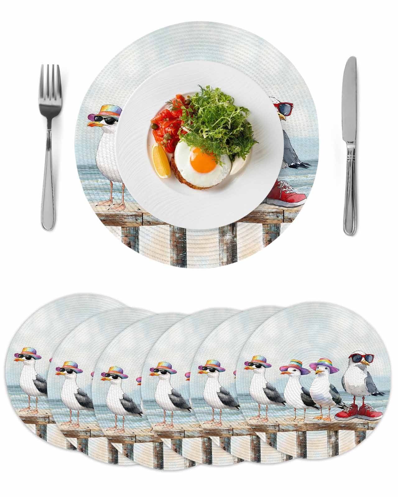 Coastal Funny Round Table Placemats set of 6, Watercolor Seagull Ocean ...