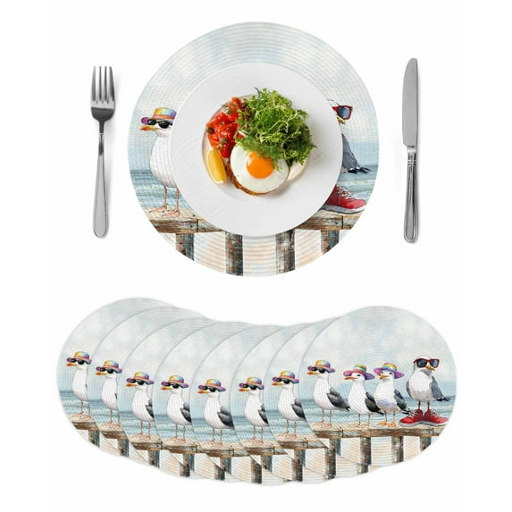 Coastal Funny Round Table Placemats set of 8, Watercolor Seagull Ocean ...
