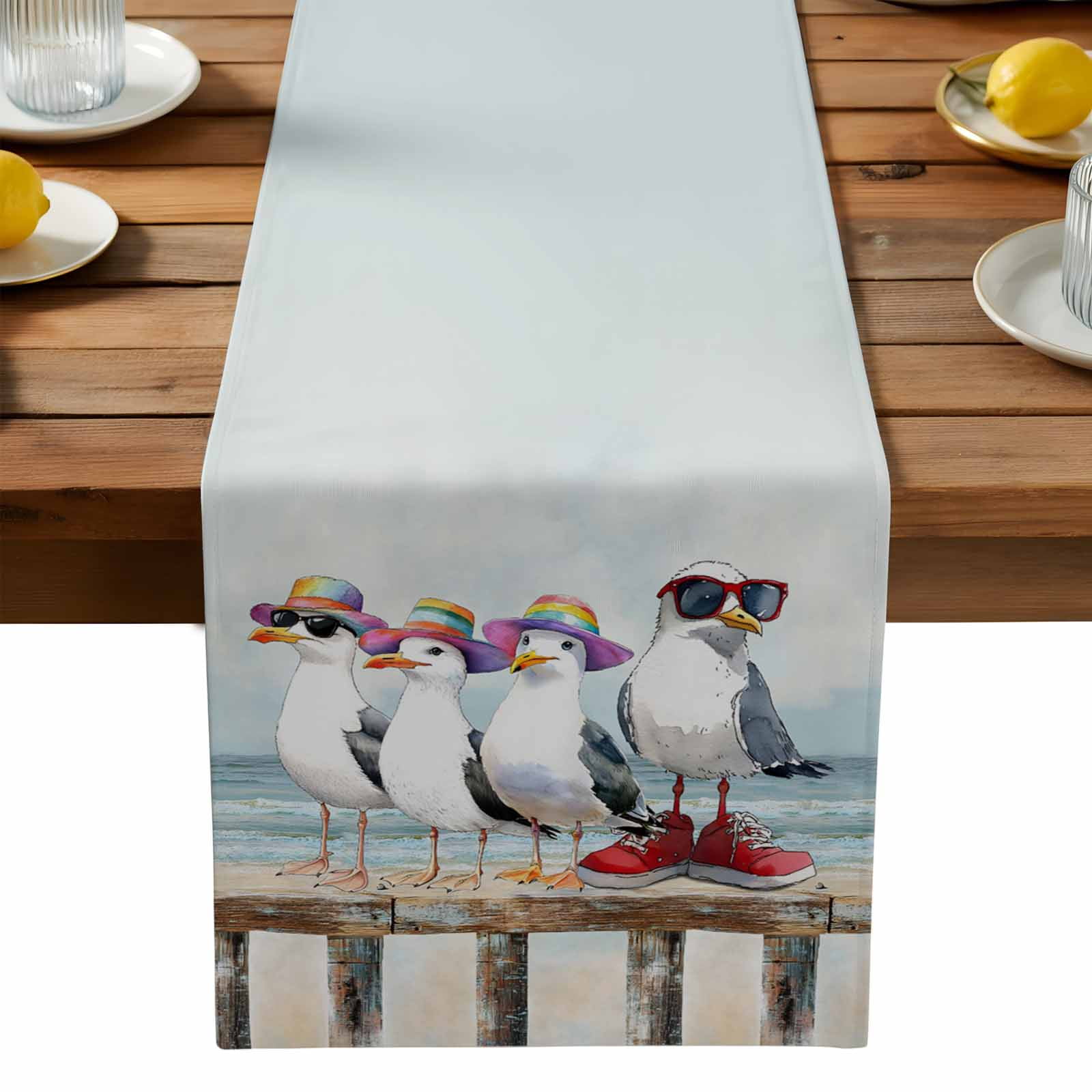 Coastal Funny Table Runner, Watercolor Seagull Ocean Beach Cotton Linen ...