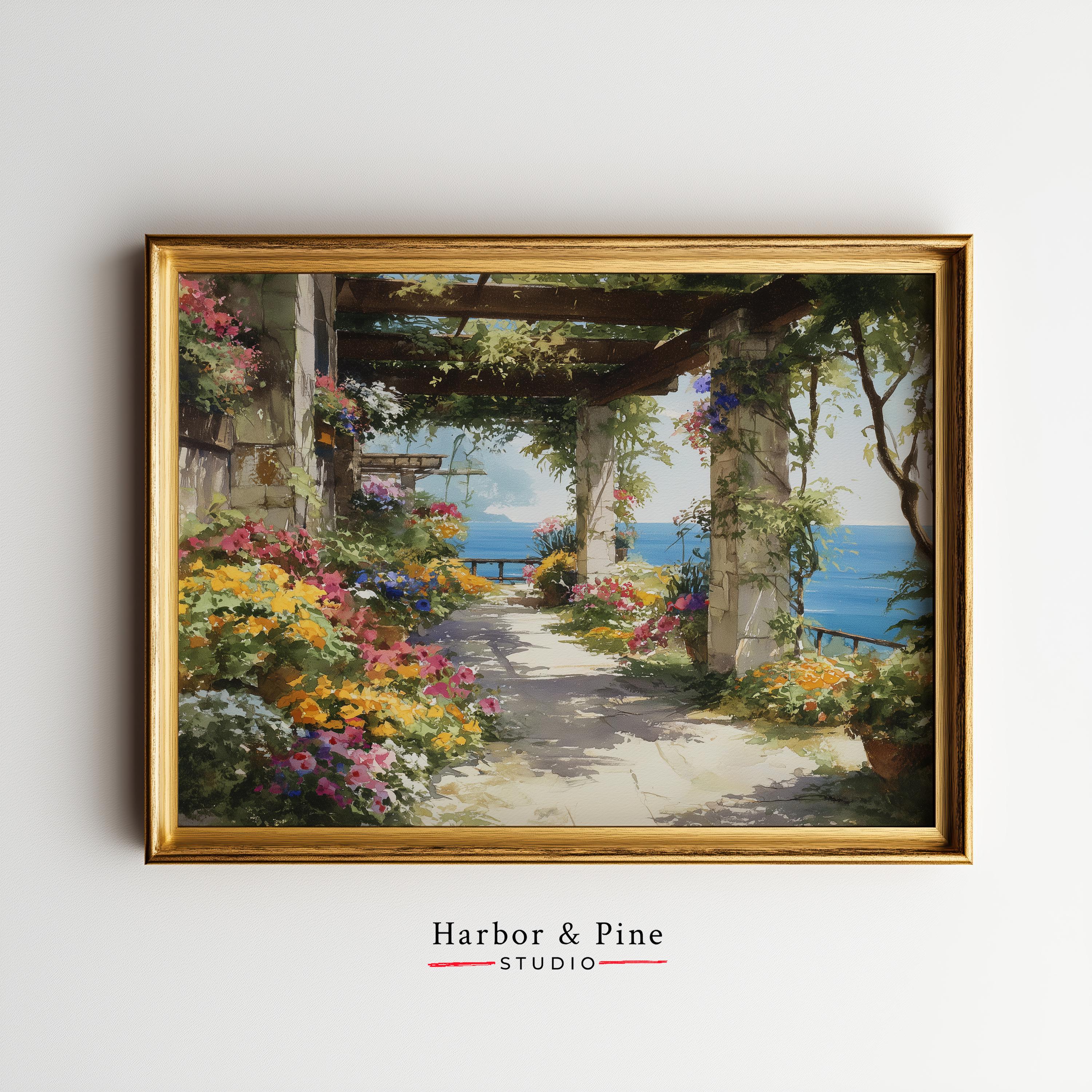 Coastal Garden Walkway Art - Bright Summer Landscape, Cottagecore Ocean ...