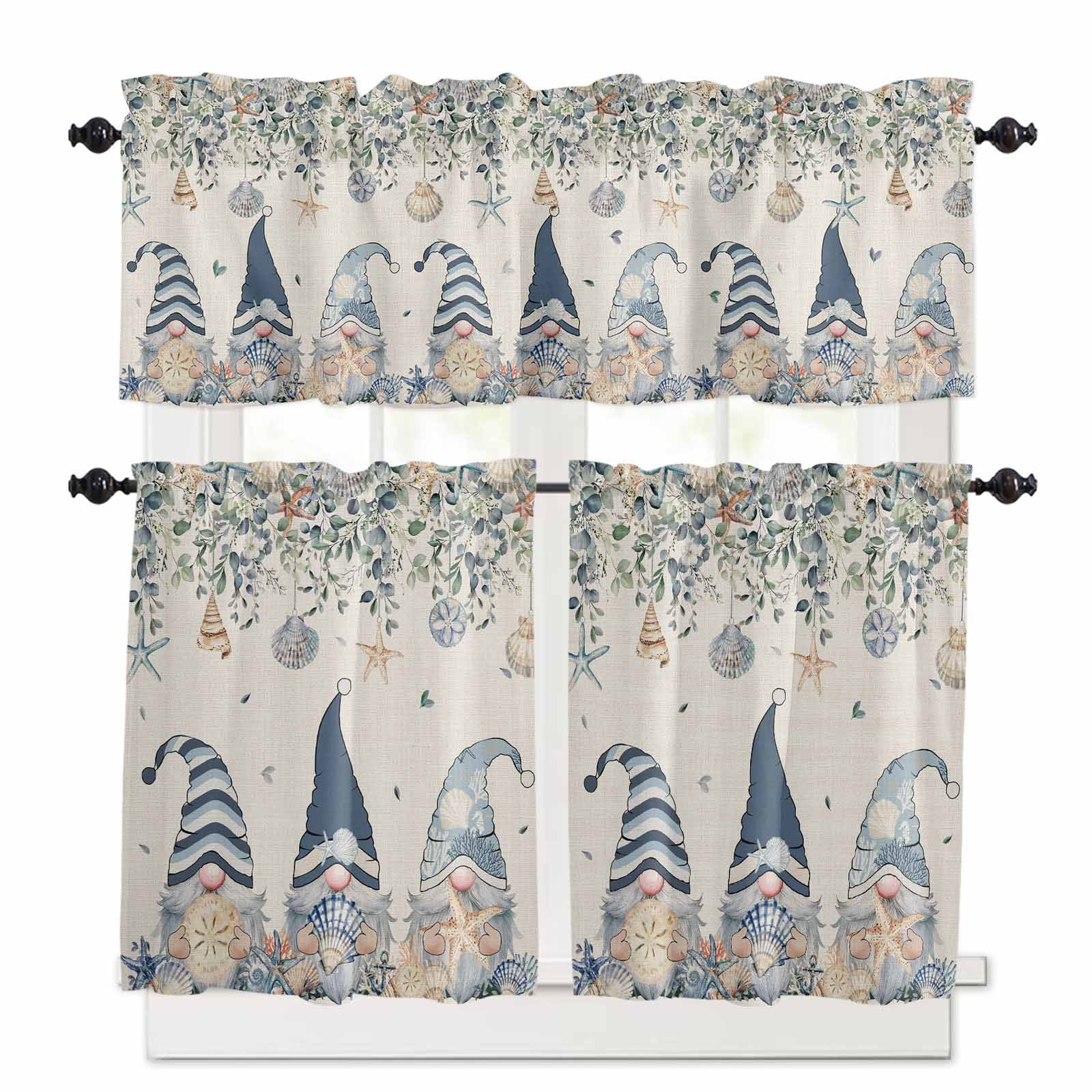 Coastal Gnomes Kitchen Curtains Set for Windows 3 Pieces,36 Inch Length Tier and Valance,Blue ...