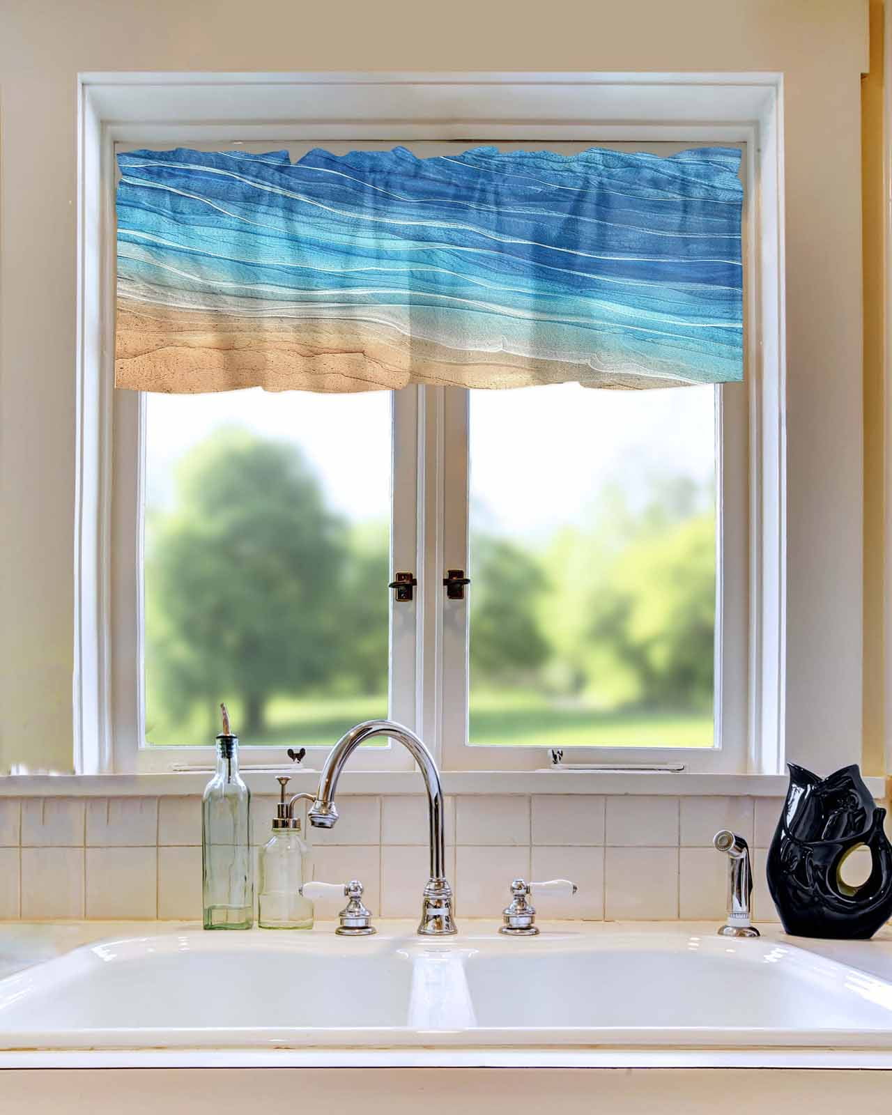 Coastal Gradient Blue Waves on Beach Window Valances for Kitchen,Rod ...