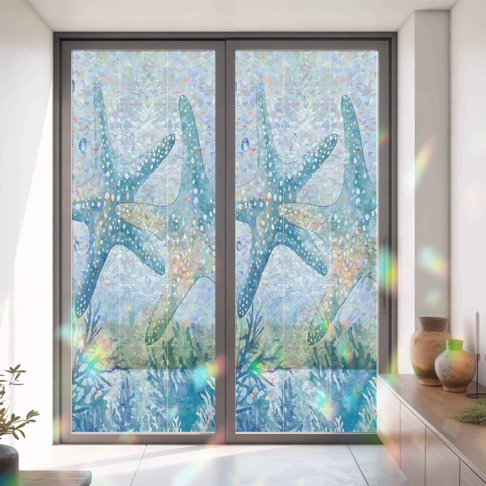 Coastal Gradient Coral Starfish Window Privacy Film, Rainbow Film ...