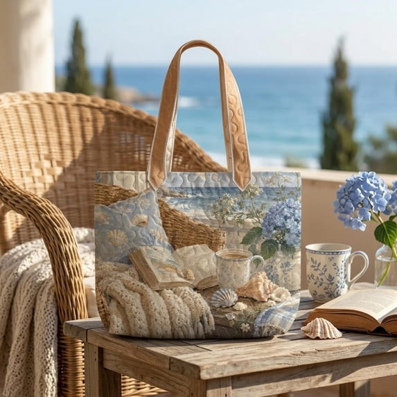 Coastal Grandma Quilted Tote Bag, Blue Hydrangea Seashell Shoulder Bag ...