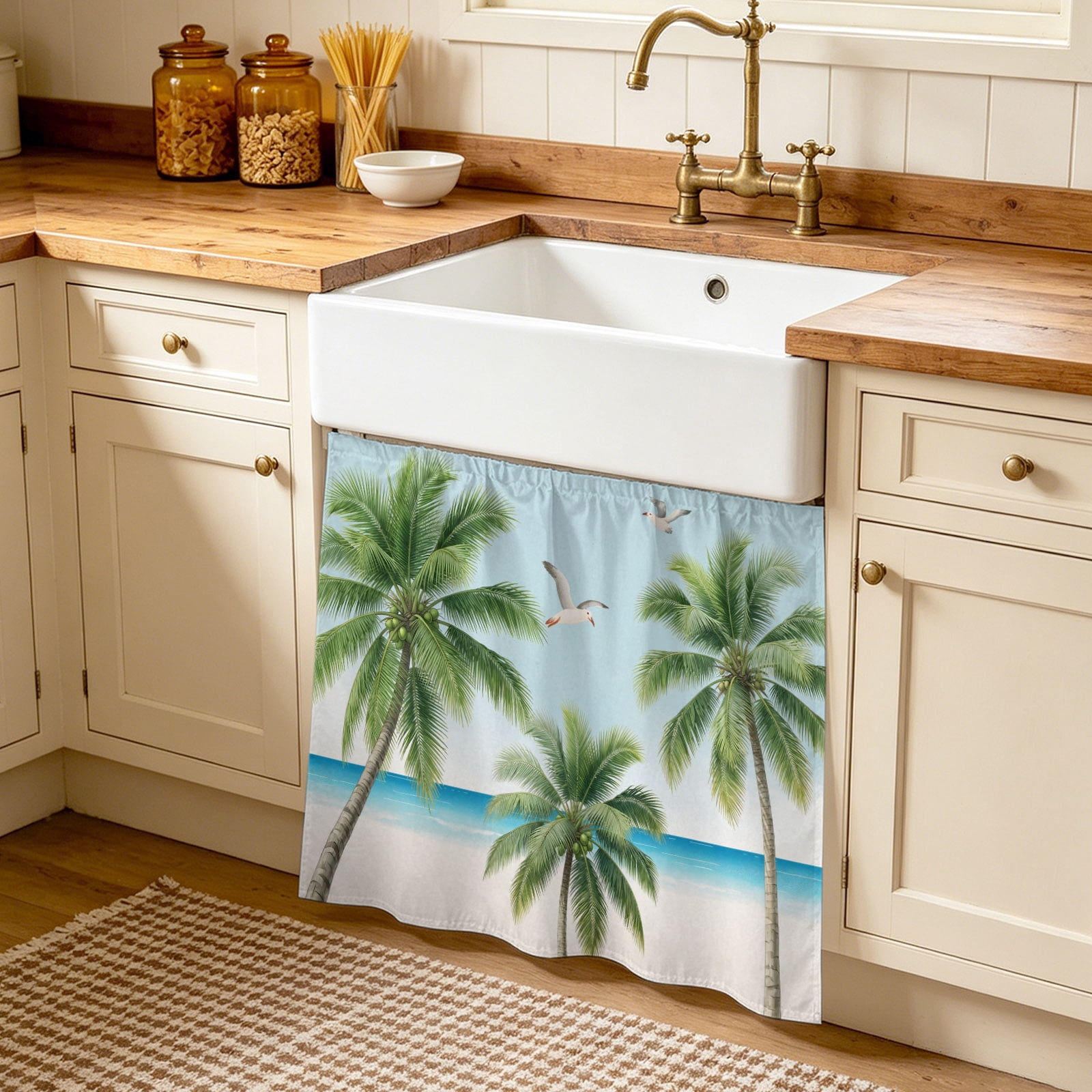 Coastal Green Palm Tree Cabinet Curtain, Summer Tropical Plant Beach ...