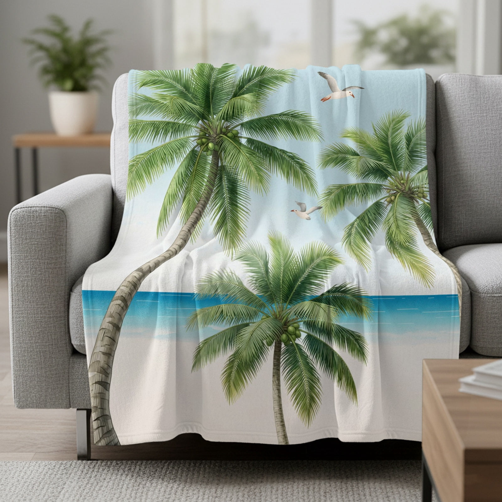 Coastal Green Palm Tree Fleece Throw Blanket Summer Tropical Beach ...